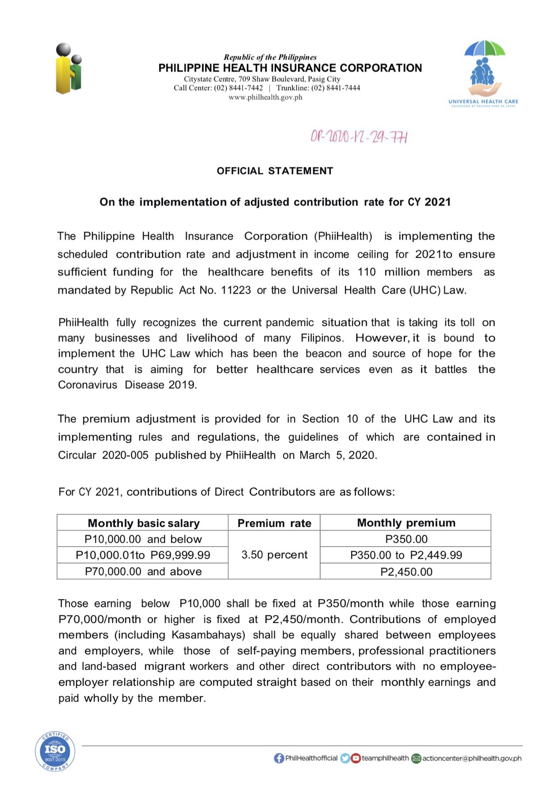 PhilHealth Official Statement : On the implementation of adjusted ...